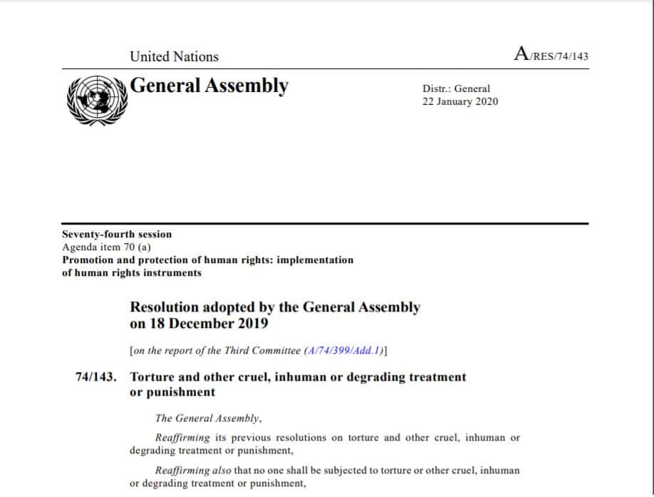 UN General Assembly omnibus Resolution 74/143 on torture and other ...
